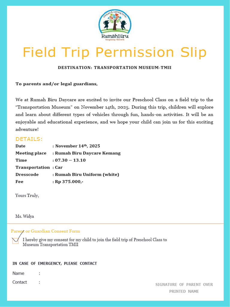 Field Trip Permission Slip Letter For Preschool (Kemang) | PDF