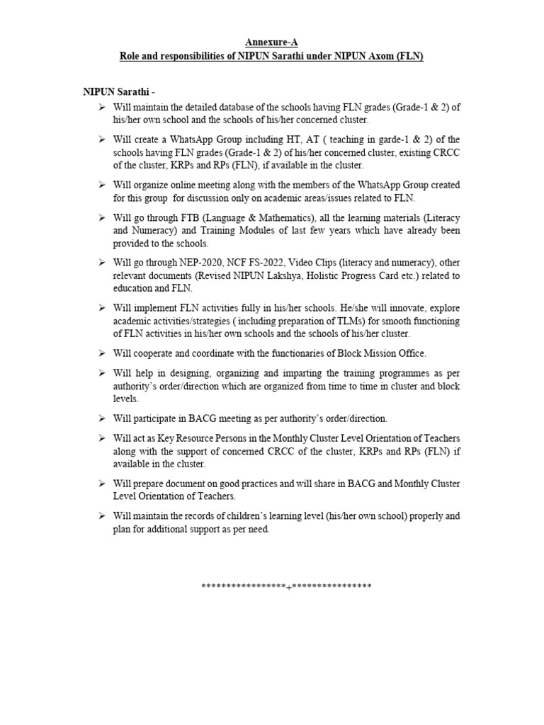 NIPUN Sarathi Responsibilities in FLN | PDF