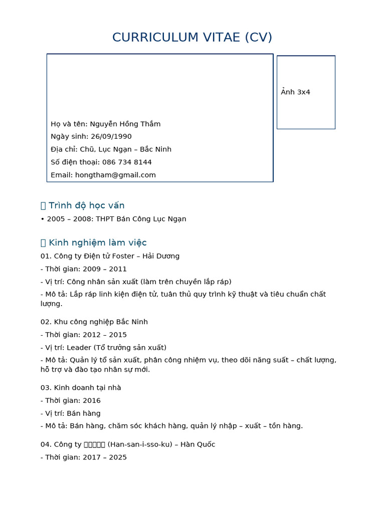 CV Nguyen Hong Tham New | PDF