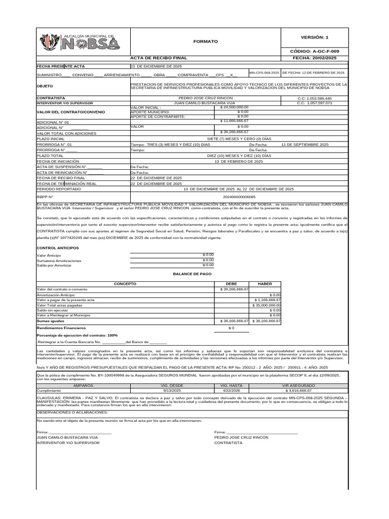 A-GC-F-009 Acta de Recibo Final_V1 | PDF