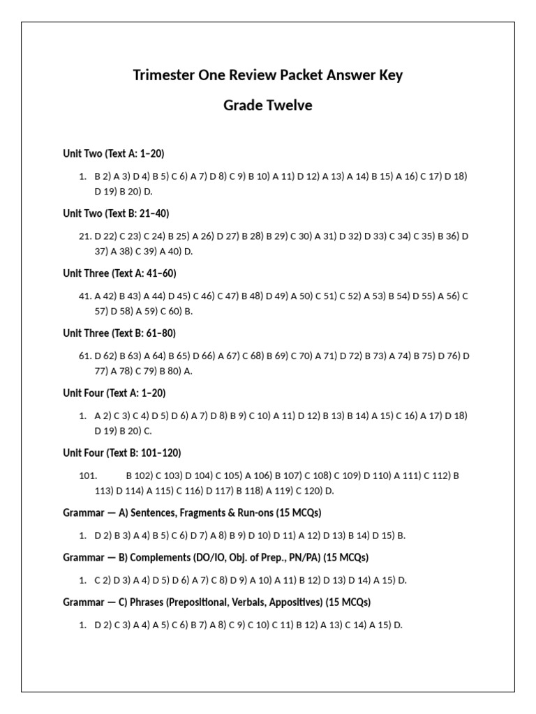 Trimester One Review Packet G12 Answer Key | PDF