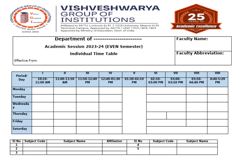 Individual Faculty Time-Table - Format | PDF