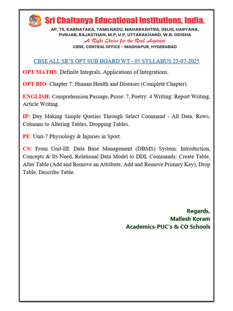 Cbse All Sr's Opt Sub Board Wt-05 Syllabus 23-07-2025 | PDF