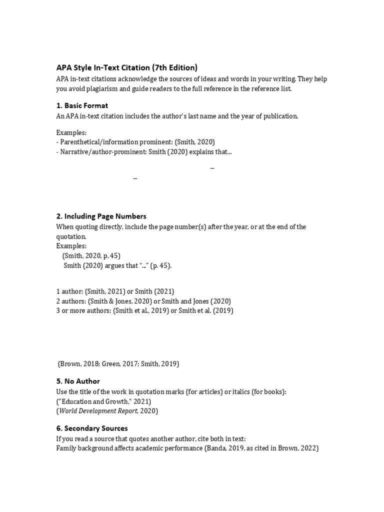 APA In-Text Citation Guide (7th Edition) | PDF | Citation | Apa Style