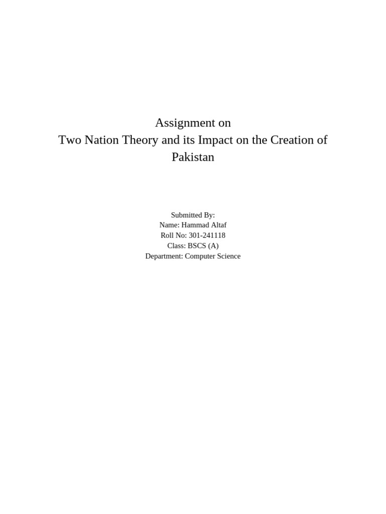 Two Nation Theory Assignment Proper Spaced 6 Pages Hammad Altaf | PDF ...