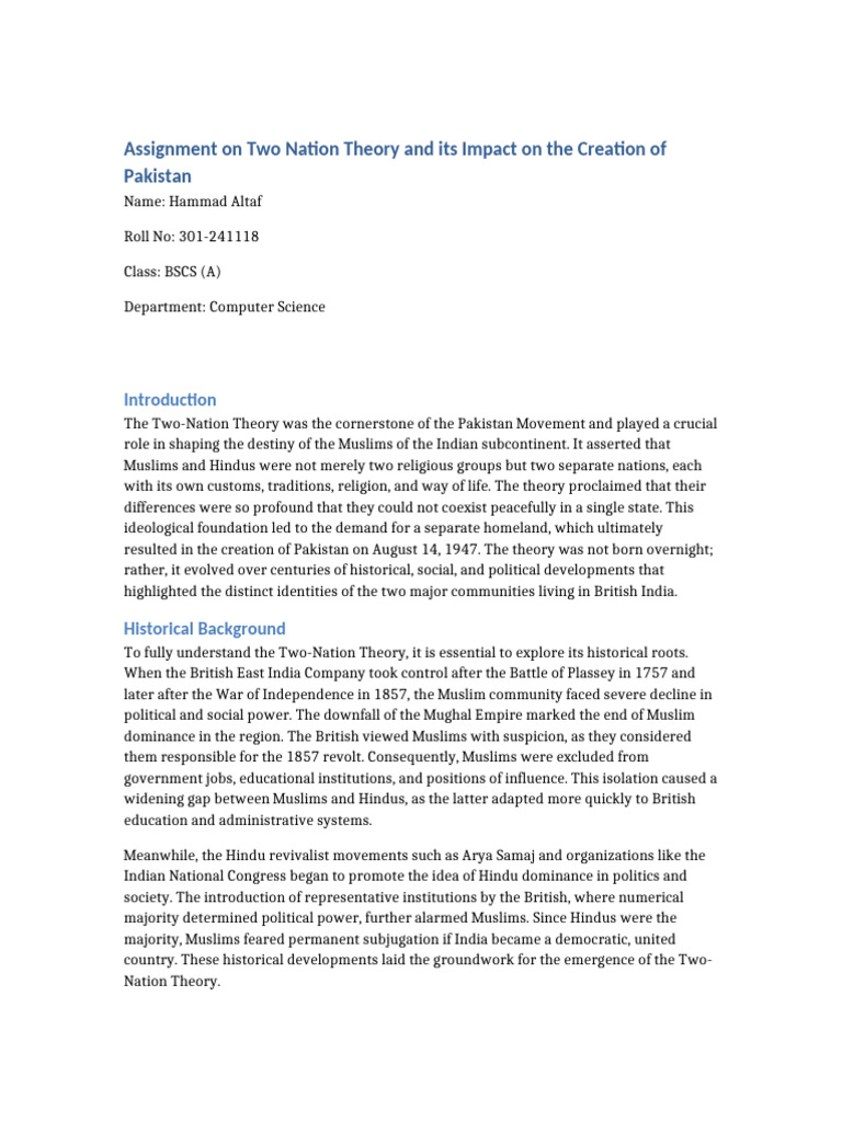 Two Nation Theory Assignment 10 Pages Hammad Altaf | PDF | Two Nation ...