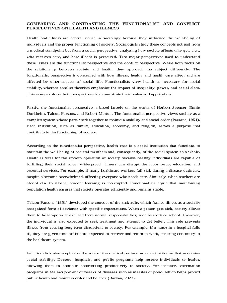 Health Perspectives: Functionalism vs. Conflict | PDF | Poverty ...