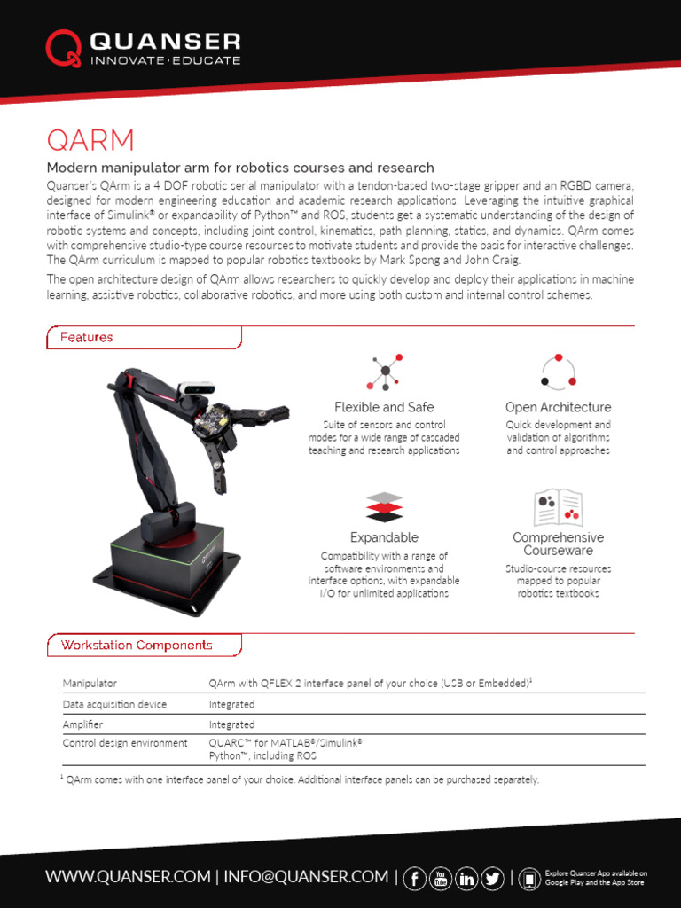 made-for-science-quanser-qarm-datasheet-1 | PDF | Robotics | Data ...
