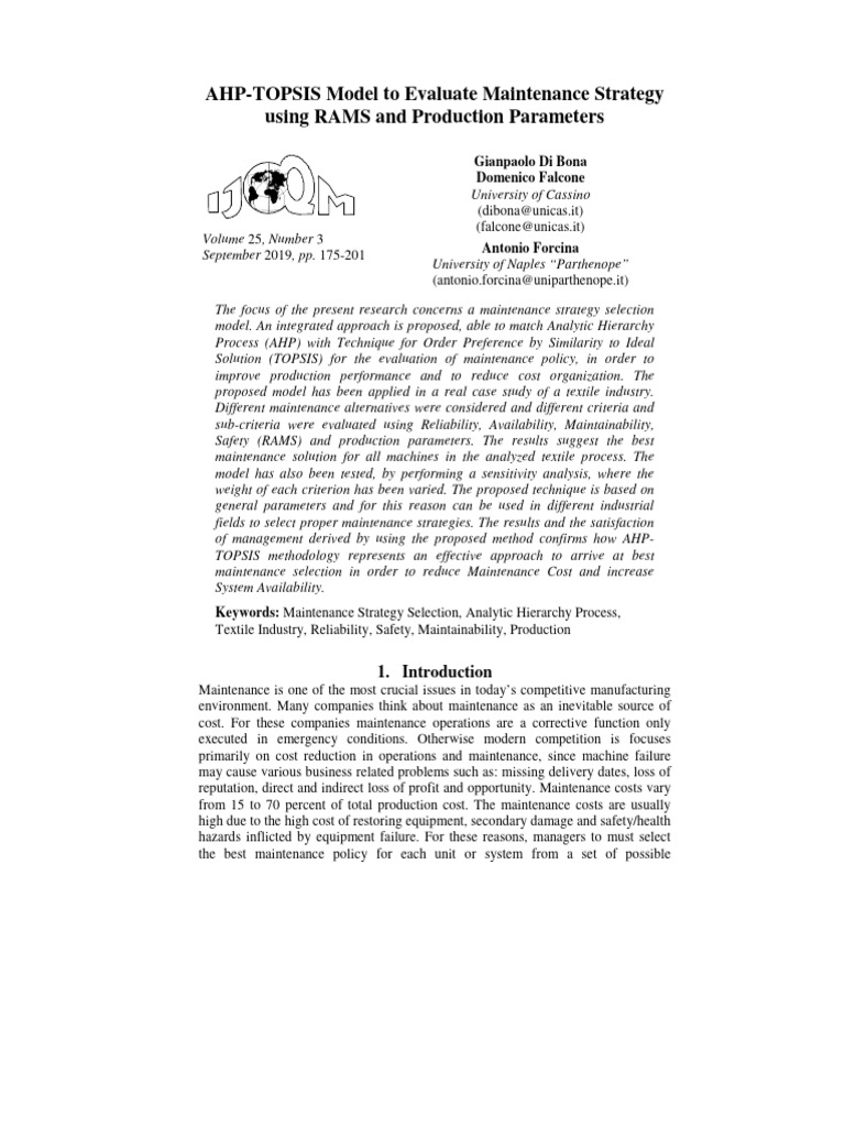 AHP-ToPSIS Model To Evaluate Maintenance Strategy Using RAMS and Production Parameters | PDF ...