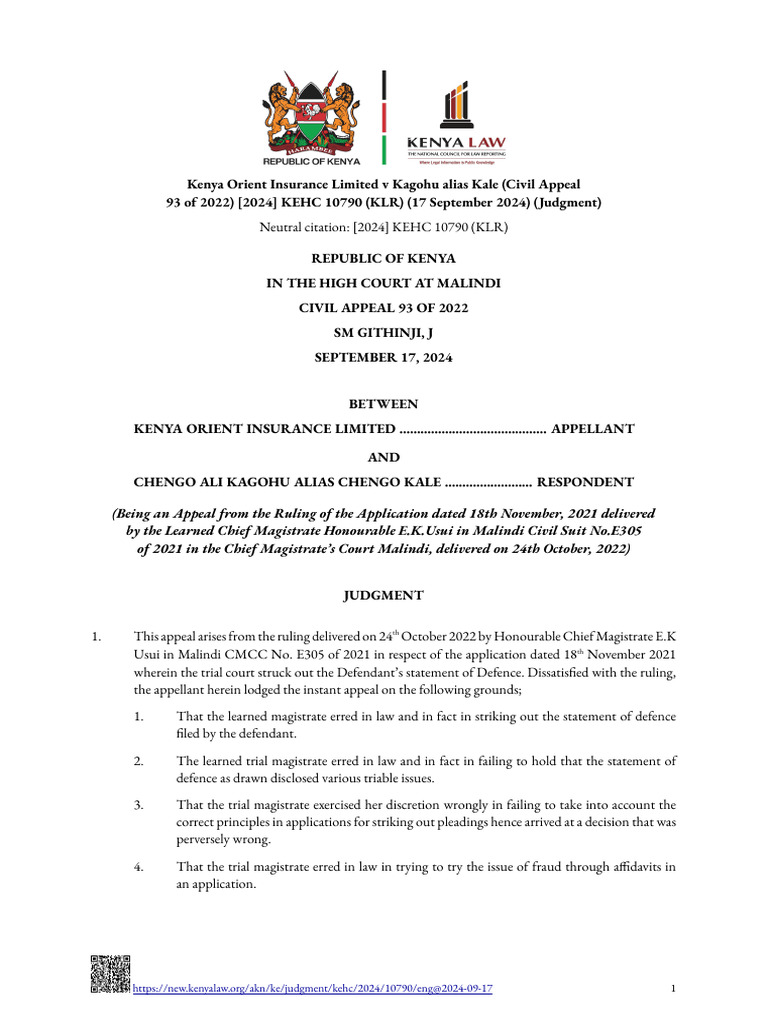 Kenya Orient Insurance Limited V Kagohu Alias Kale (Civil Appeal ...