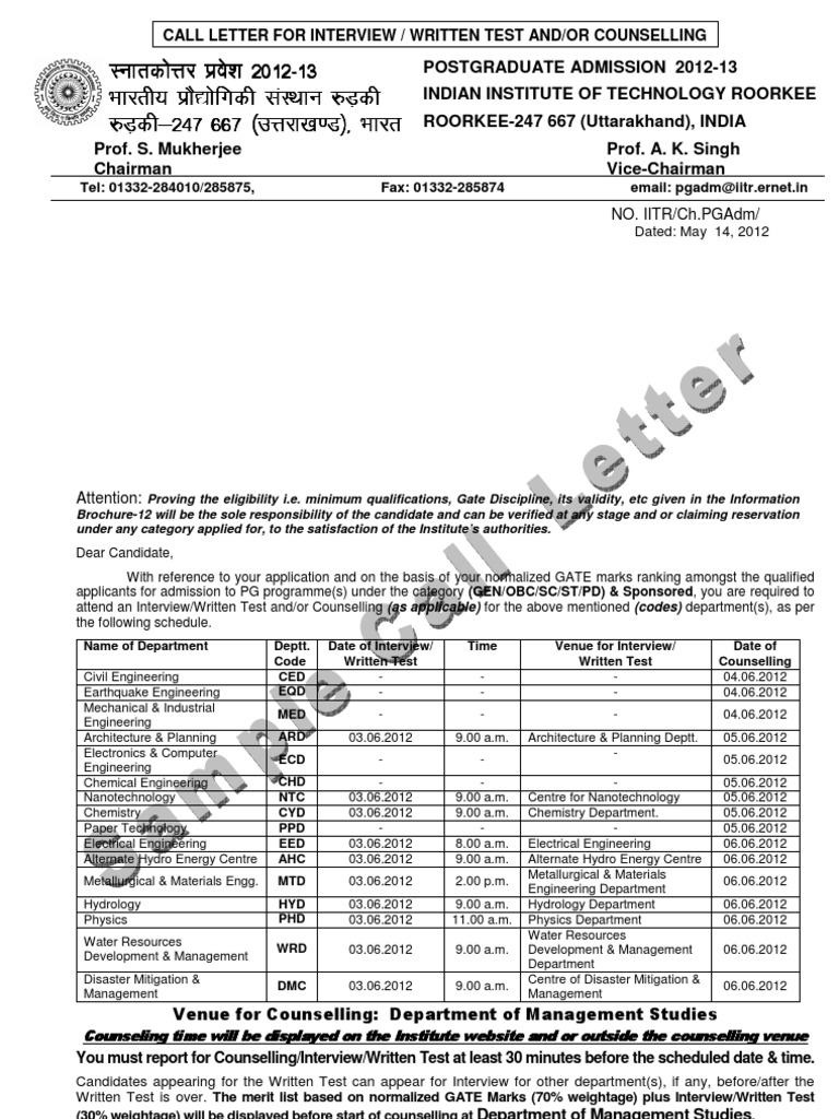 Sample of Call Letter | University And College Admission | Academia