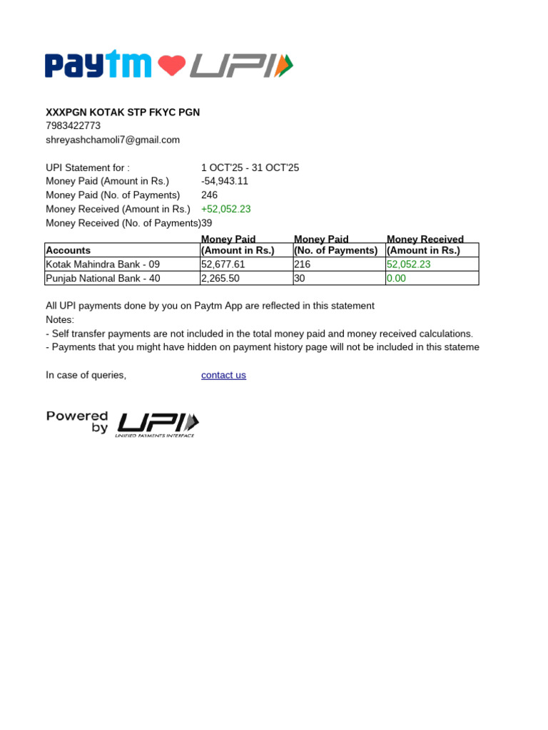 UPI Statement Summary: Oct 2025 | PDF | Receipt | Grocery Store