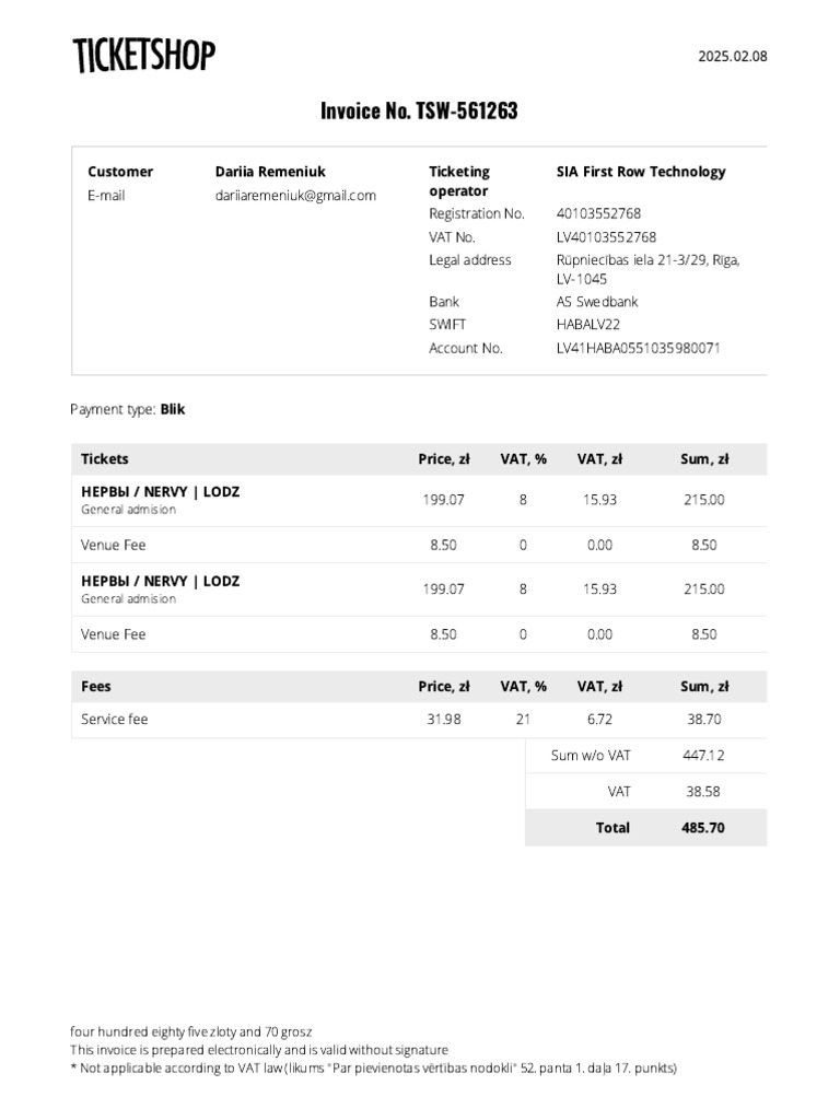 Invoice for NERVY Concert Tickets | PDF | Payments | Services (Economics)