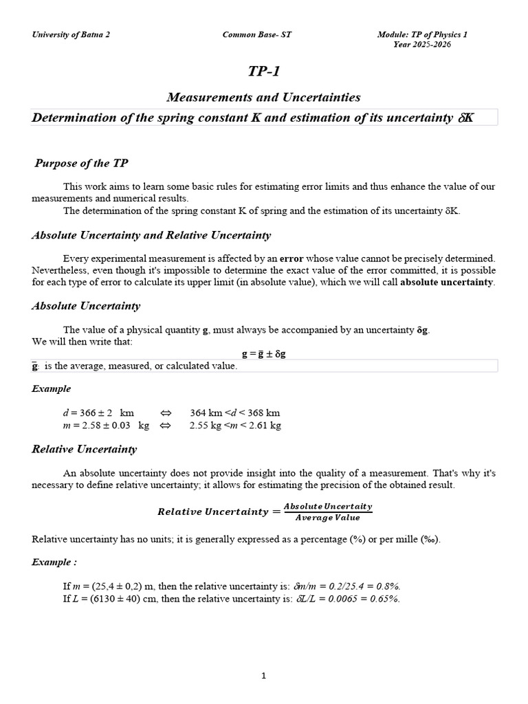 Measurements and Uncertainties Determination of The Spring Constant K ...