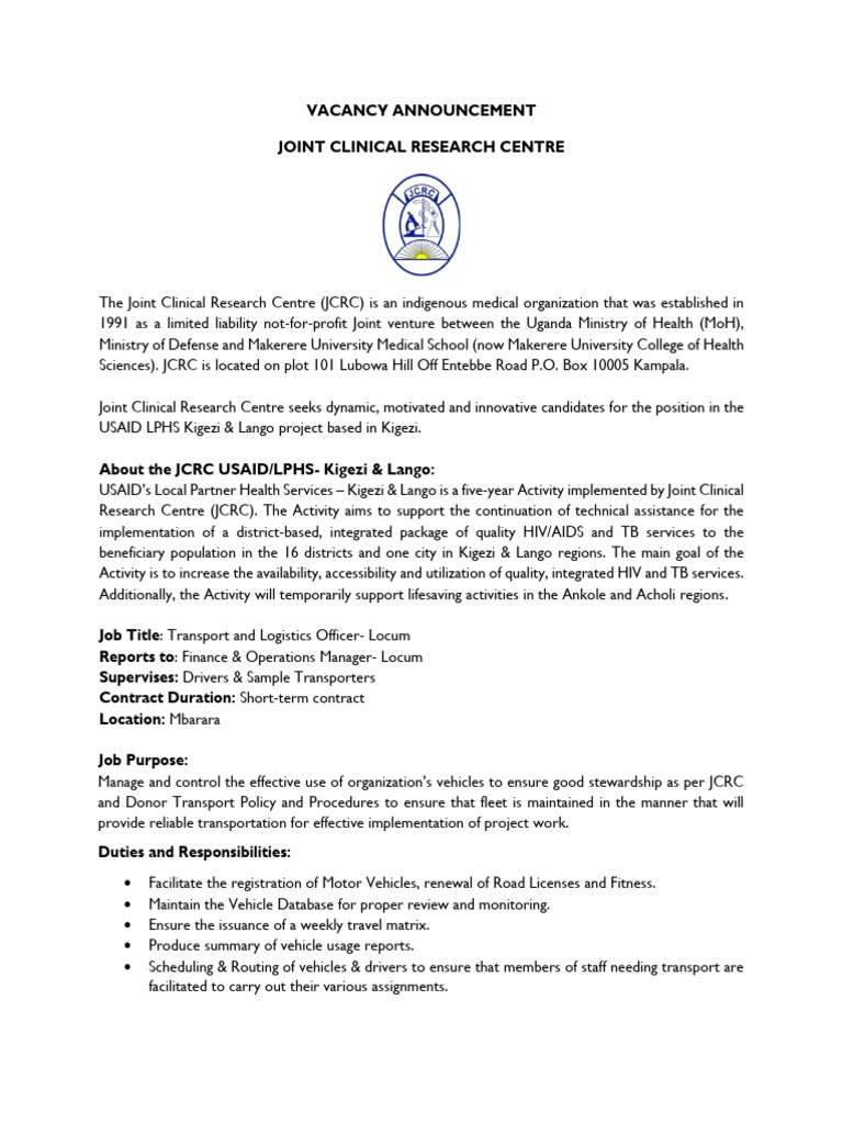 JCRC Transport Logistics Officer Job Advert August 2025 | PDF | Vehicles