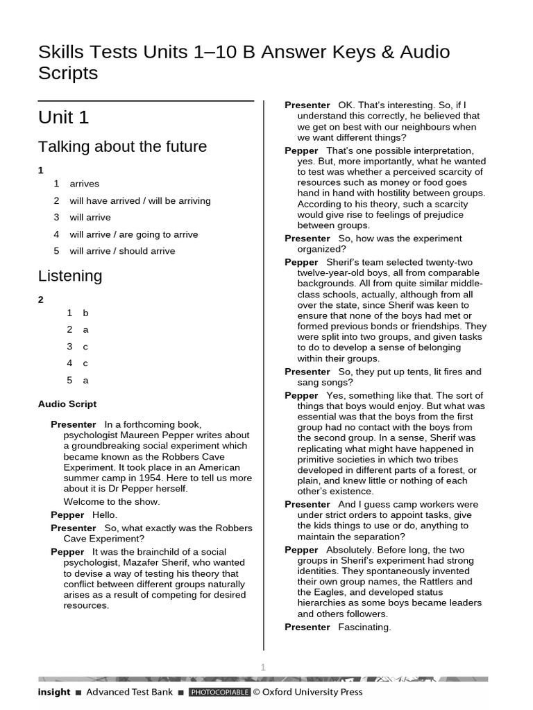 Skills Tests Units 1-10B Answer Keys + Audio Scripts | PDF ...