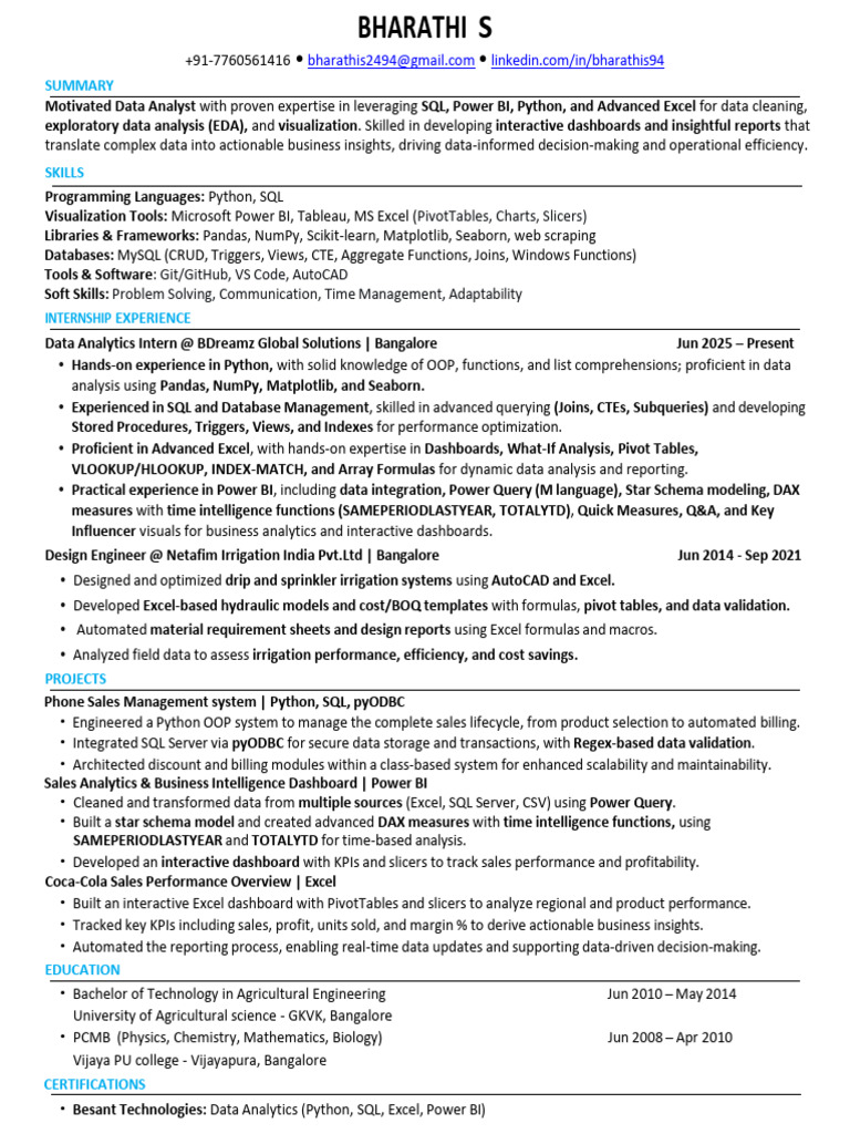 Bharathi S Data Analyst Resume | PDF | Microsoft Excel | Data Analysis