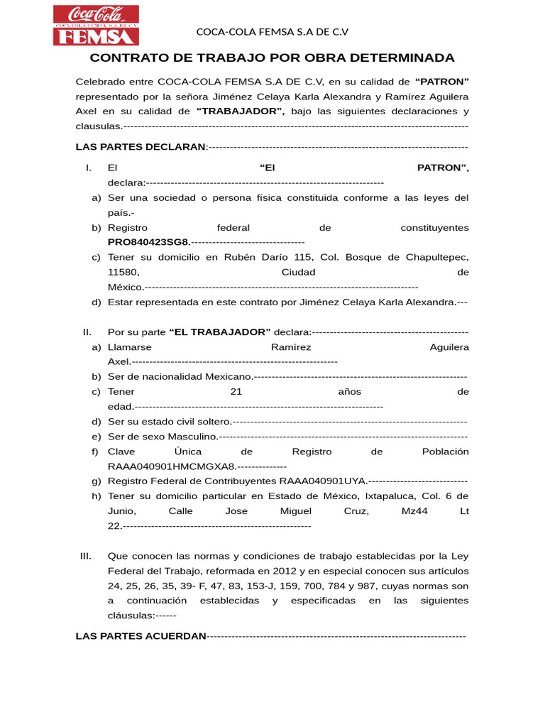 Contrato de Trabajo Por Obra Determinada[1] | PDF | Derecho laboral ...