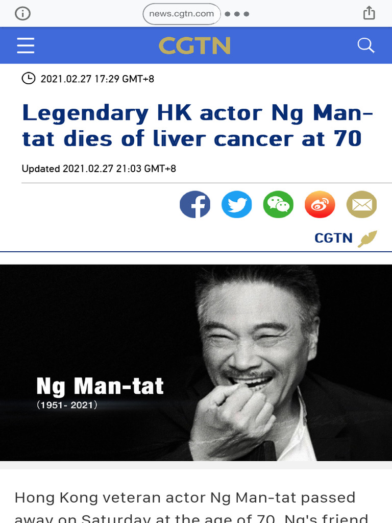 Legendary HK Actor NG Man-Tat Dies of Liver Cancer at 70 | PDF