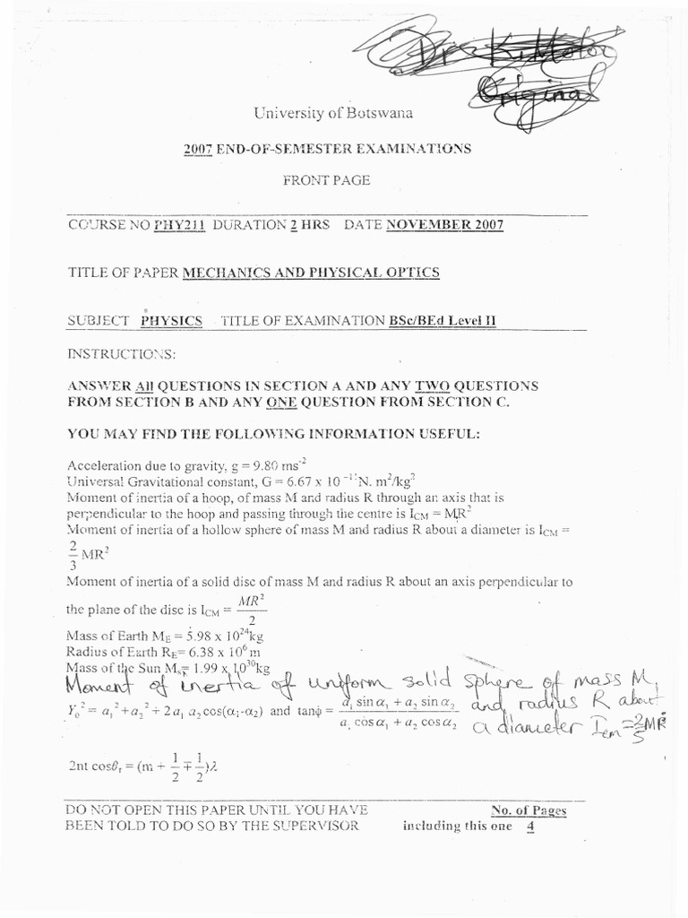 Phy 231 Past Exam Solution | PDF