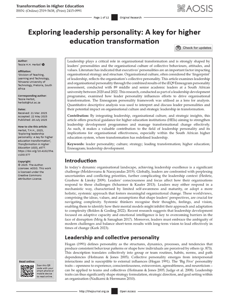 Leadership Personality in Higher Education | PDF | Leadership ...