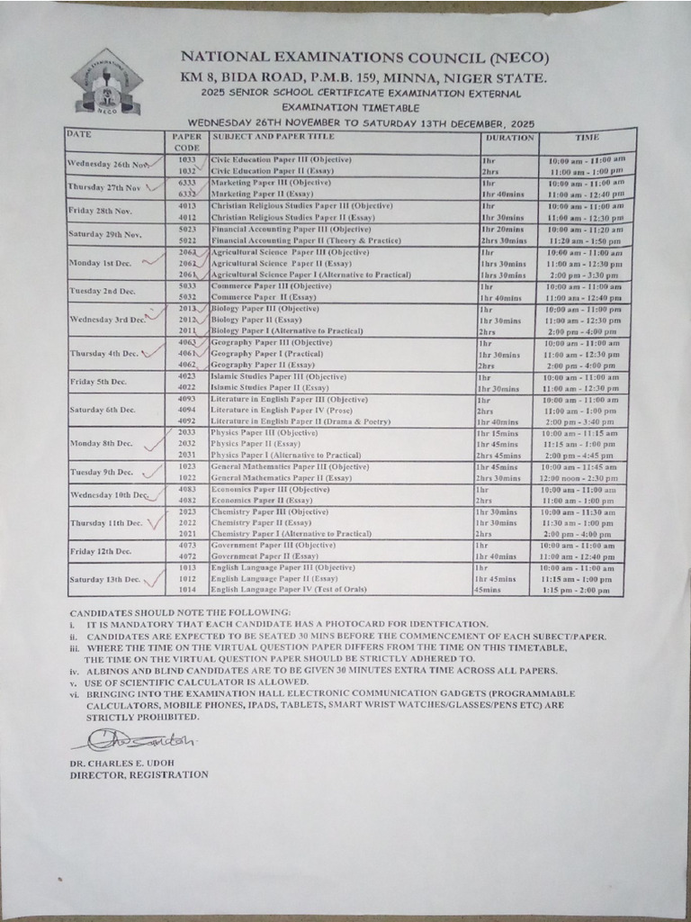 Neco Timetable | PDF