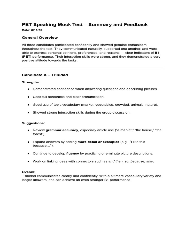PET Speaking Mock Test - Marcos, Helena & Trinidad 6 - 11 | PDF ...