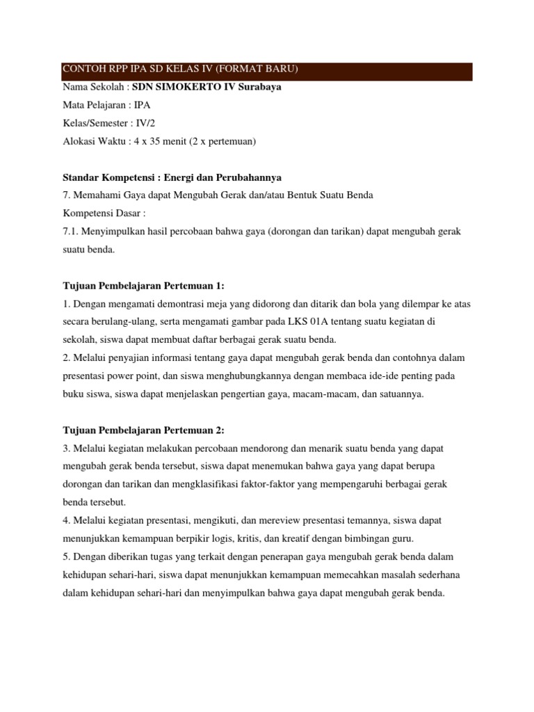 Contoh RPP Ipa SD Kelas IV | PDF