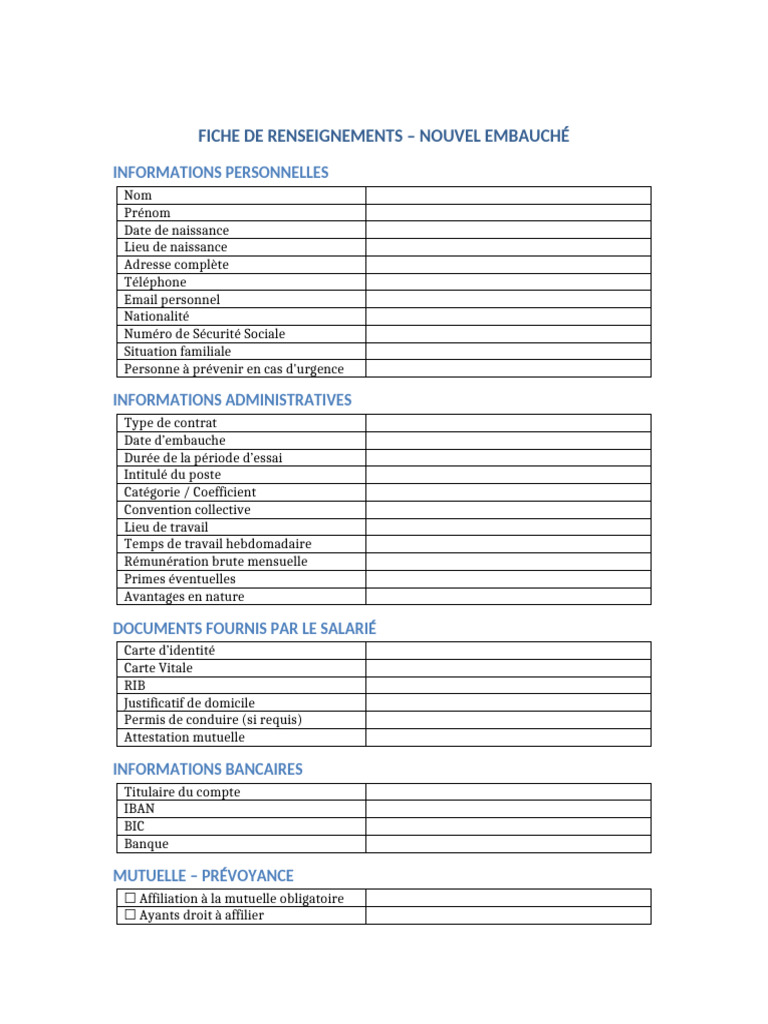 Fiche de renseignements nouvel embauché | PDF