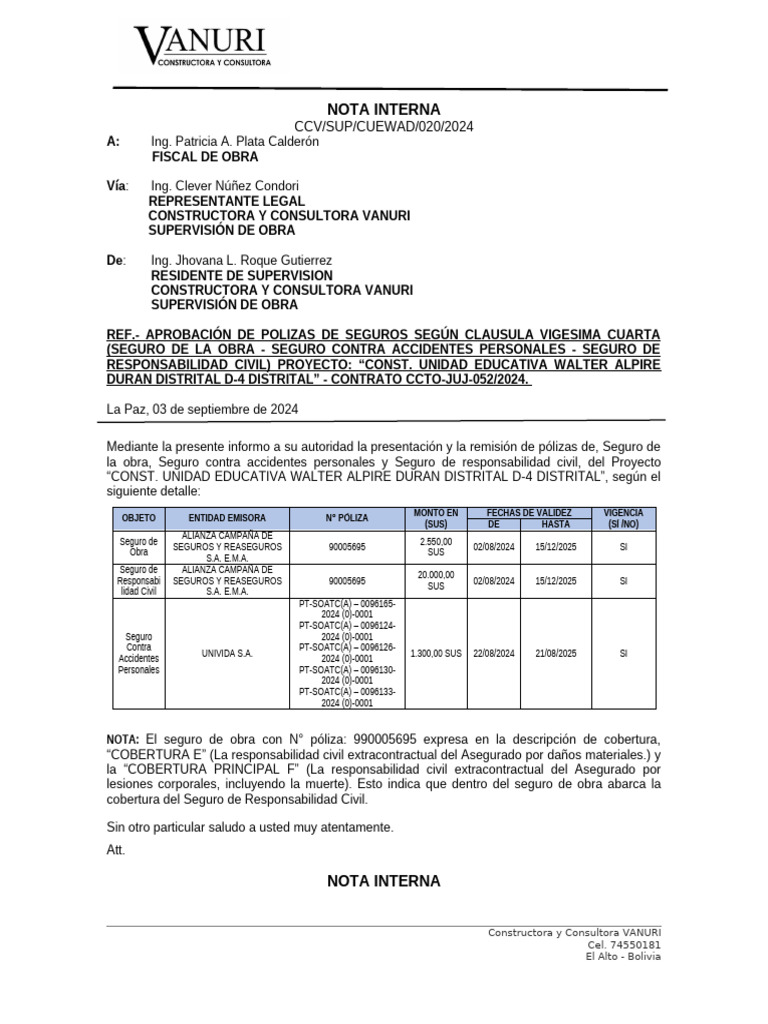 Notas Internas Ue Walter Alpire | PDF | Póliza de seguros