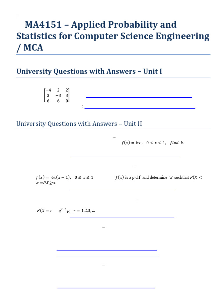 MA4151 - University Questions With Solutions | PDF | Probability ...