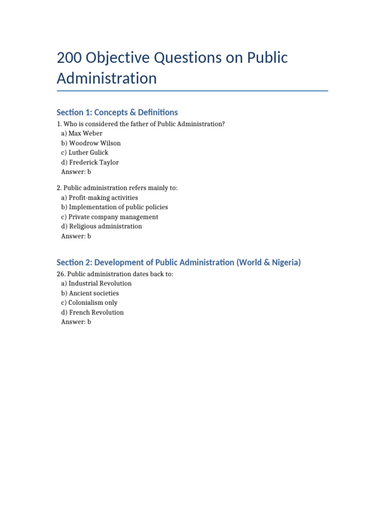 200 Public Administration Quiz Questions | PDF
