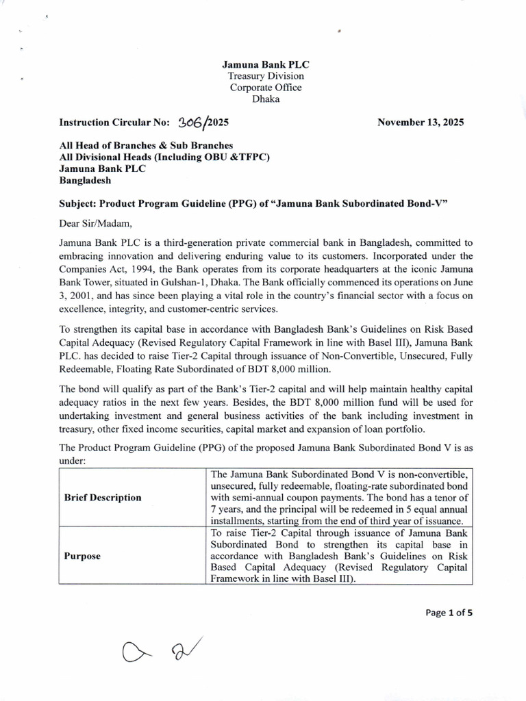 Circular - Jamuna Bank Subordinated Bond V | PDF