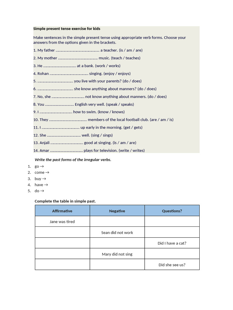 Simple Present Tense Exercise For Kids | PDF