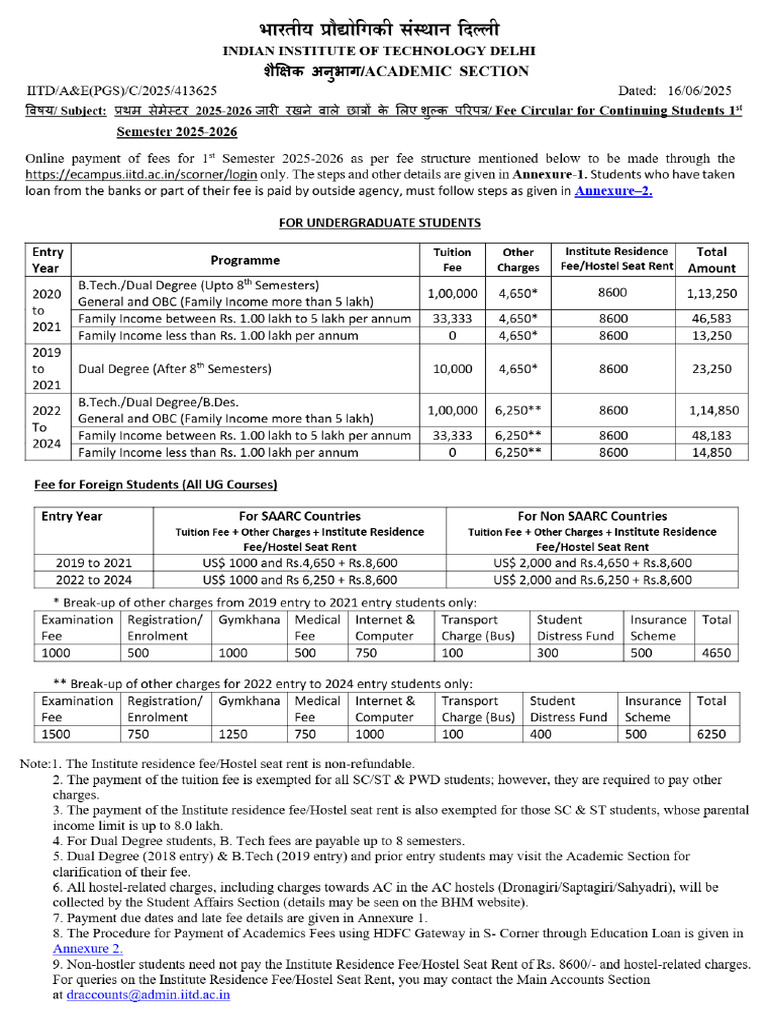 Academic Fee Circular | PDF