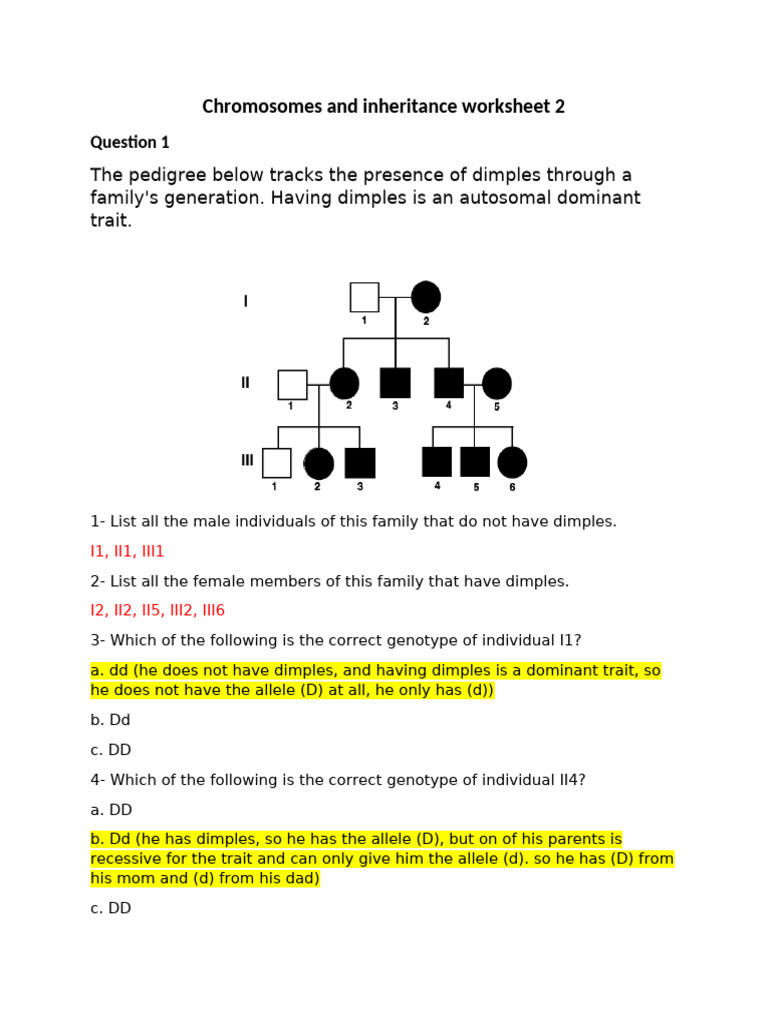 Chromosomes and Inheritance Worksheet 2 - Answer Key | PDF | Genotype ...