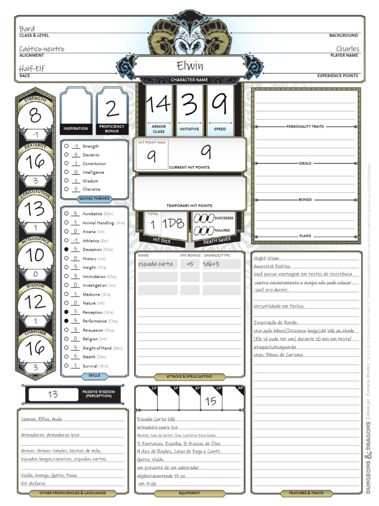 Ficha de Personagem para RPG D&D | PDF