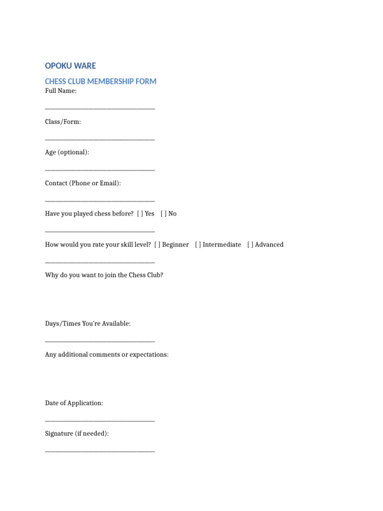 Chess Club Membership Form | PDF