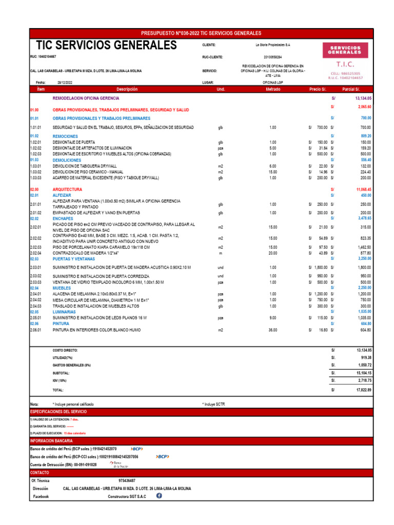 PRESUPUESTO N° AA036-2022-1 REMODELACION OFICINA DE GERENCIA | PDF | Perú | Bancos