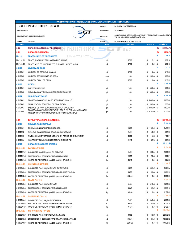 PPTO N° 33_02_EIO MURO DE CONTENCION Y ESCALERAS | PDF | Fundación (Ingeniería) | Hormigón