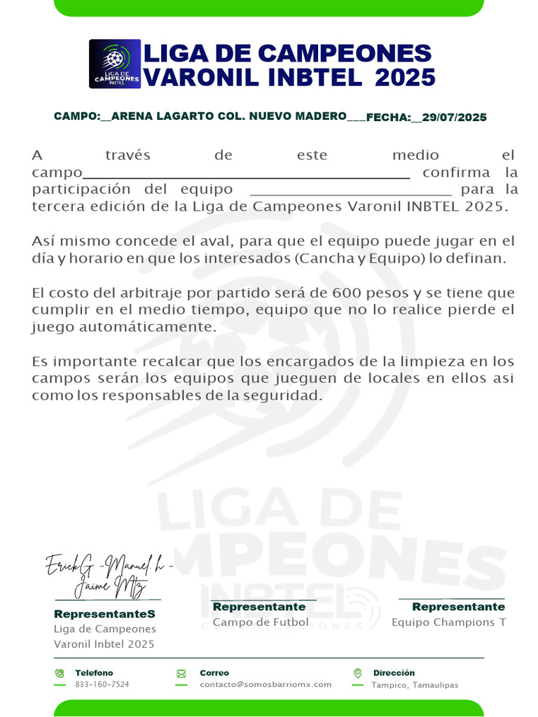 Liga de Campeones Varonil INBTEL 2025 | PDF