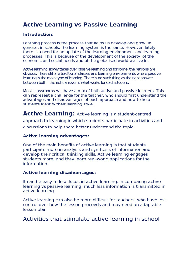 Active vs Passive Learning Explained | PDF | Learning | Cognition