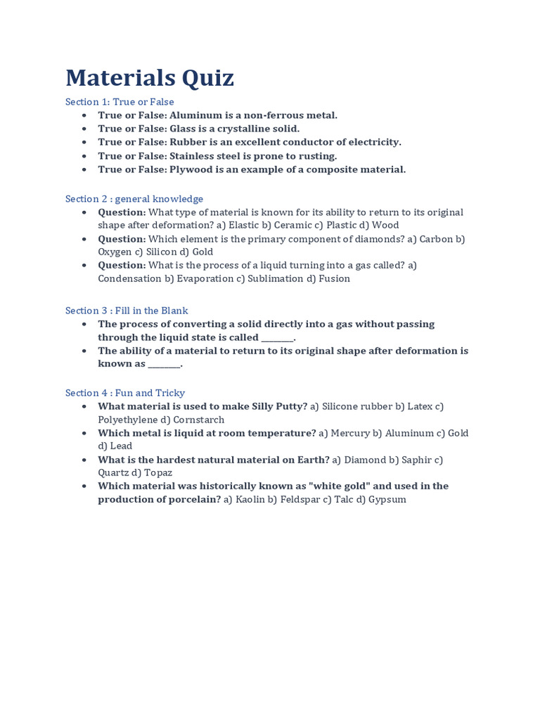Materials Knowledge Quiz: True/False & More | PDF