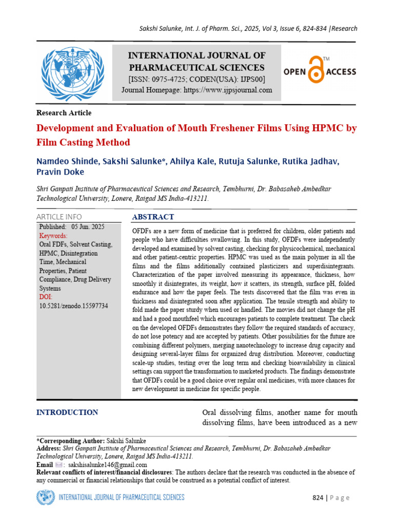 Development and Evaluation of Mouth Freshener Films Using HPMC by Film ...