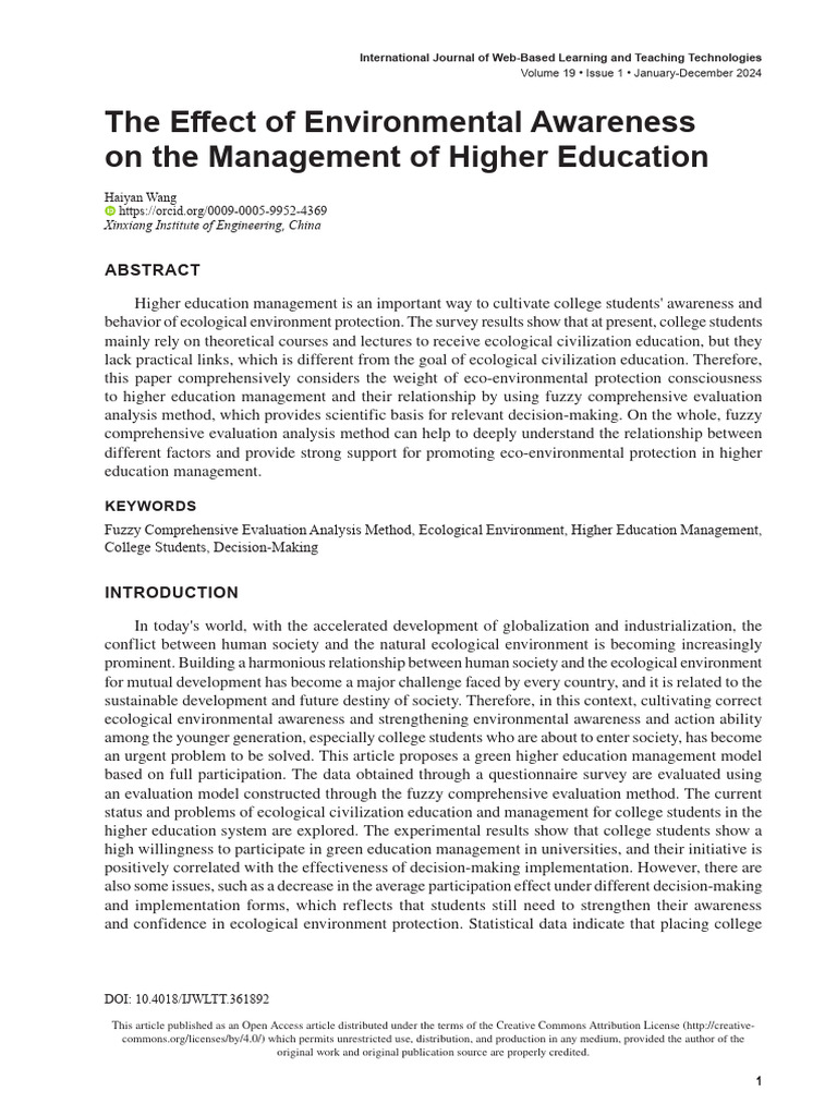 The Effect of Environmental Awareness On The Management of 2yv9obuaiple ...