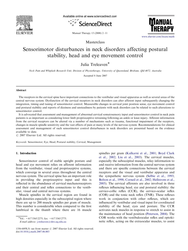 Sensorimotor Control in Neck Disorders | PDF | Vertigo | Balance (Ability)