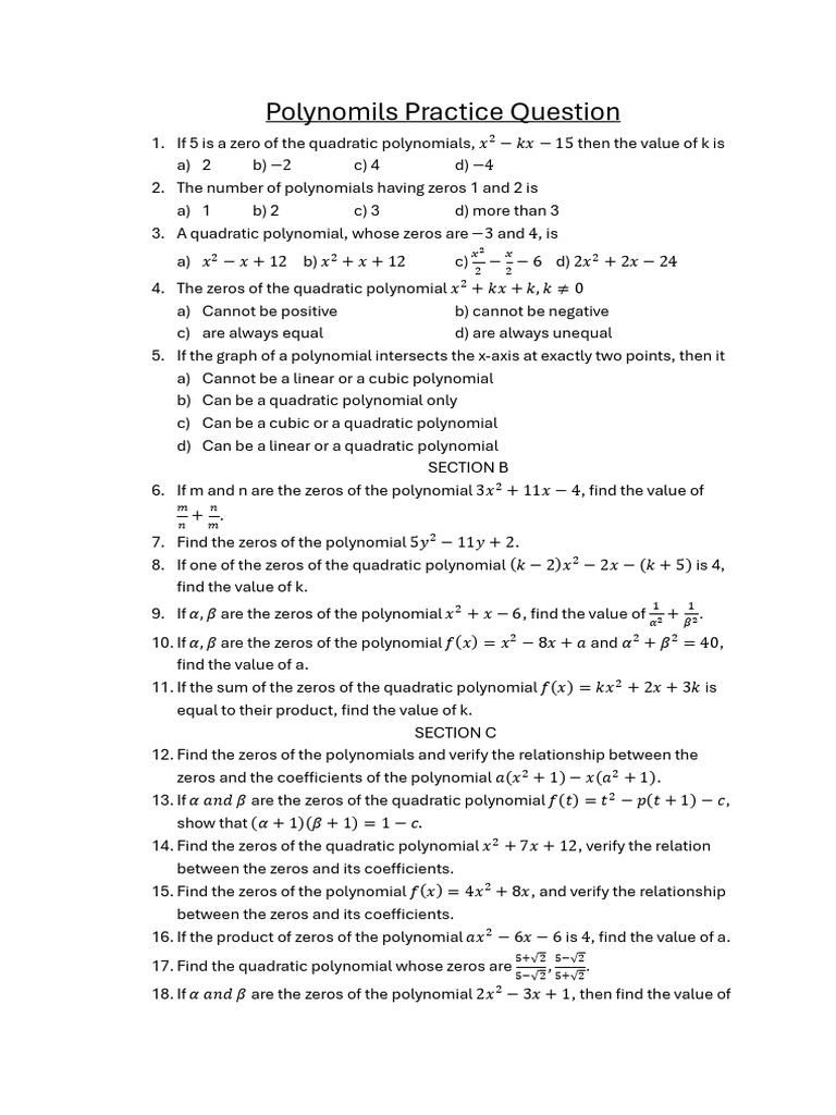 Polynomils Practice Question | PDF | Polynomial | Zero Of A Function