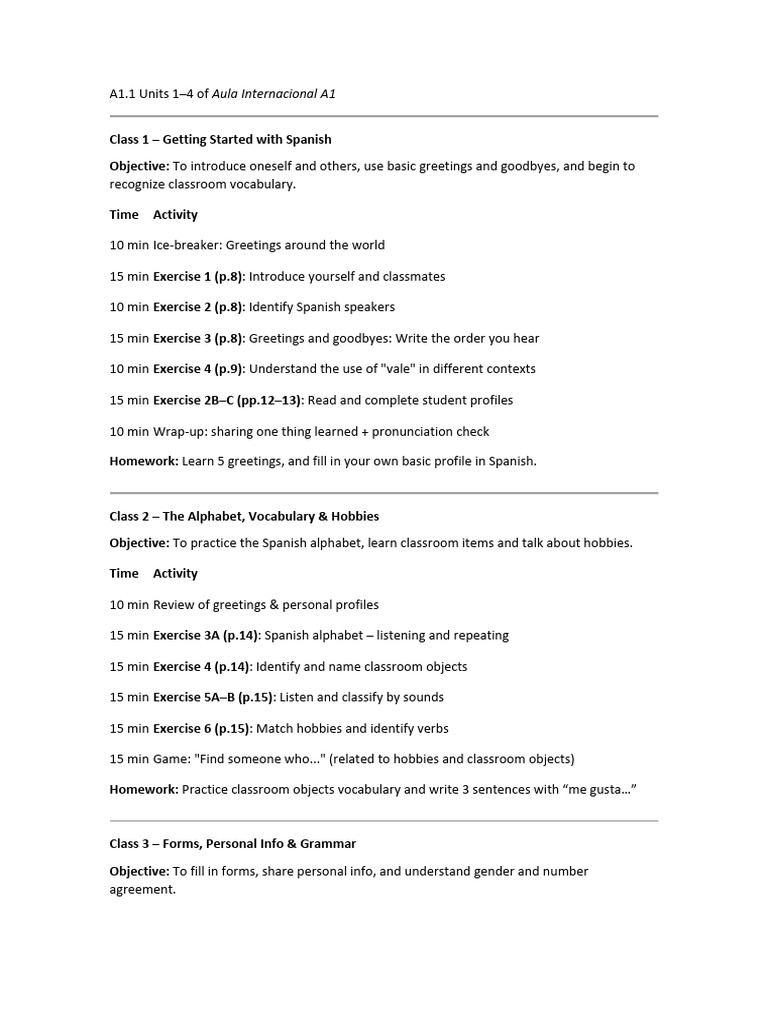 A1.1 Lesson Plan | PDF | Verb | Grammatical Gender