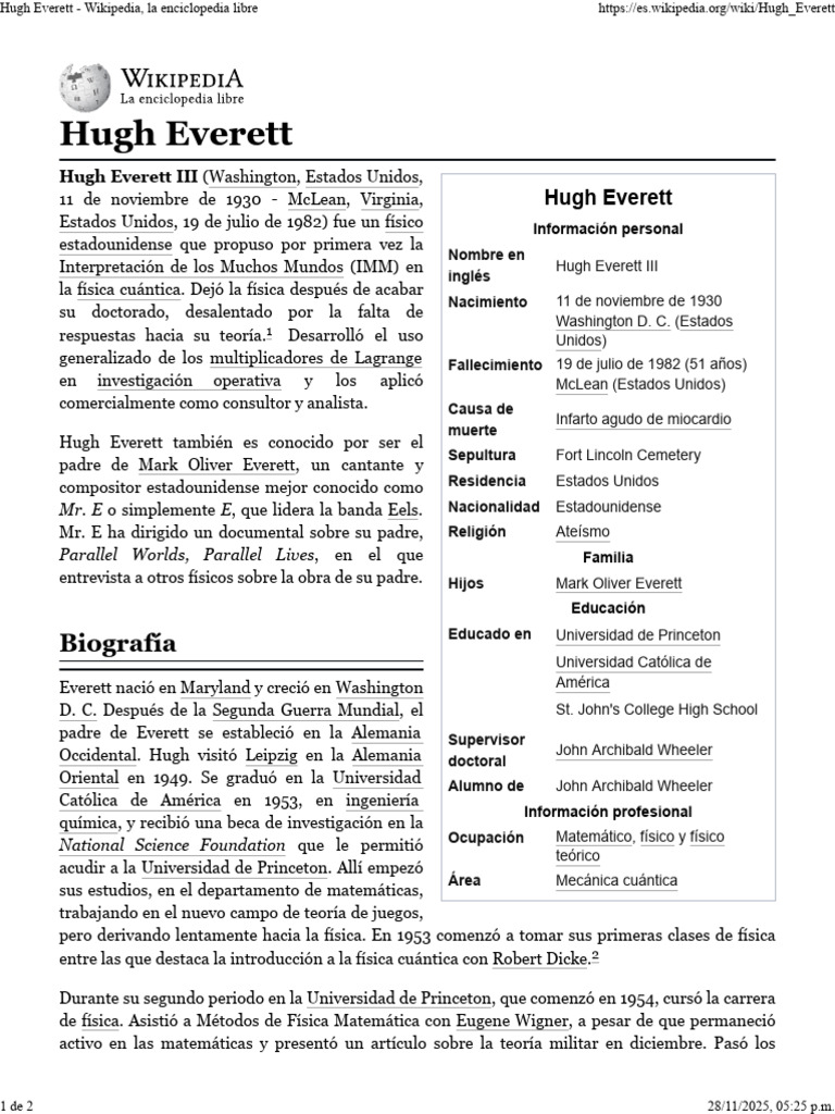 Hugh Everett - Wikipedia, la enciclopedia libre | PDF | Física teórica ...