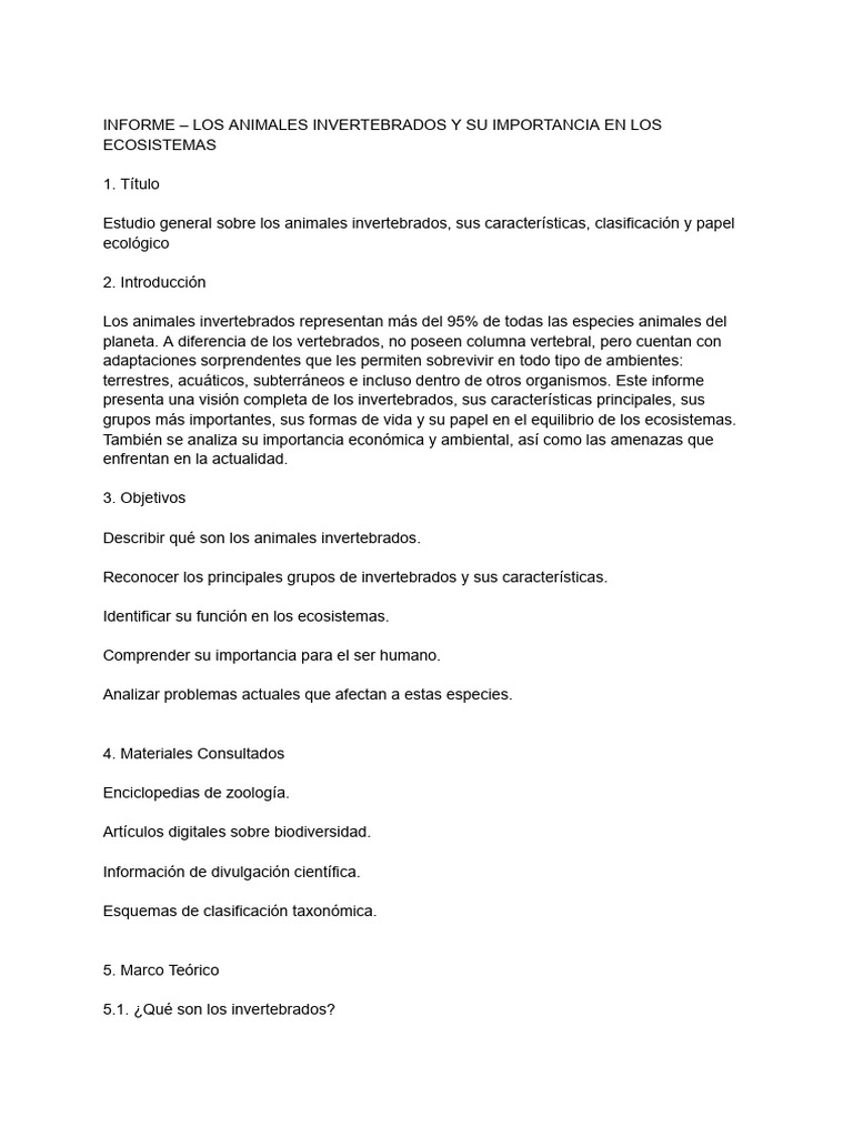 Informe – Los Animales Invertebrados y Su Importancia en Los ...